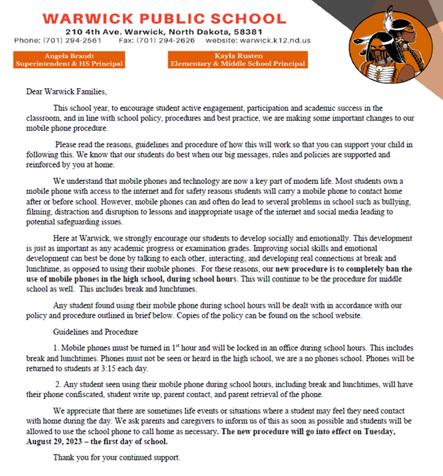 Cell Phone Procedure Change | Warwick Public Schools