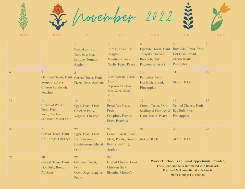 November Lunch Menu Warwick Public Schools
